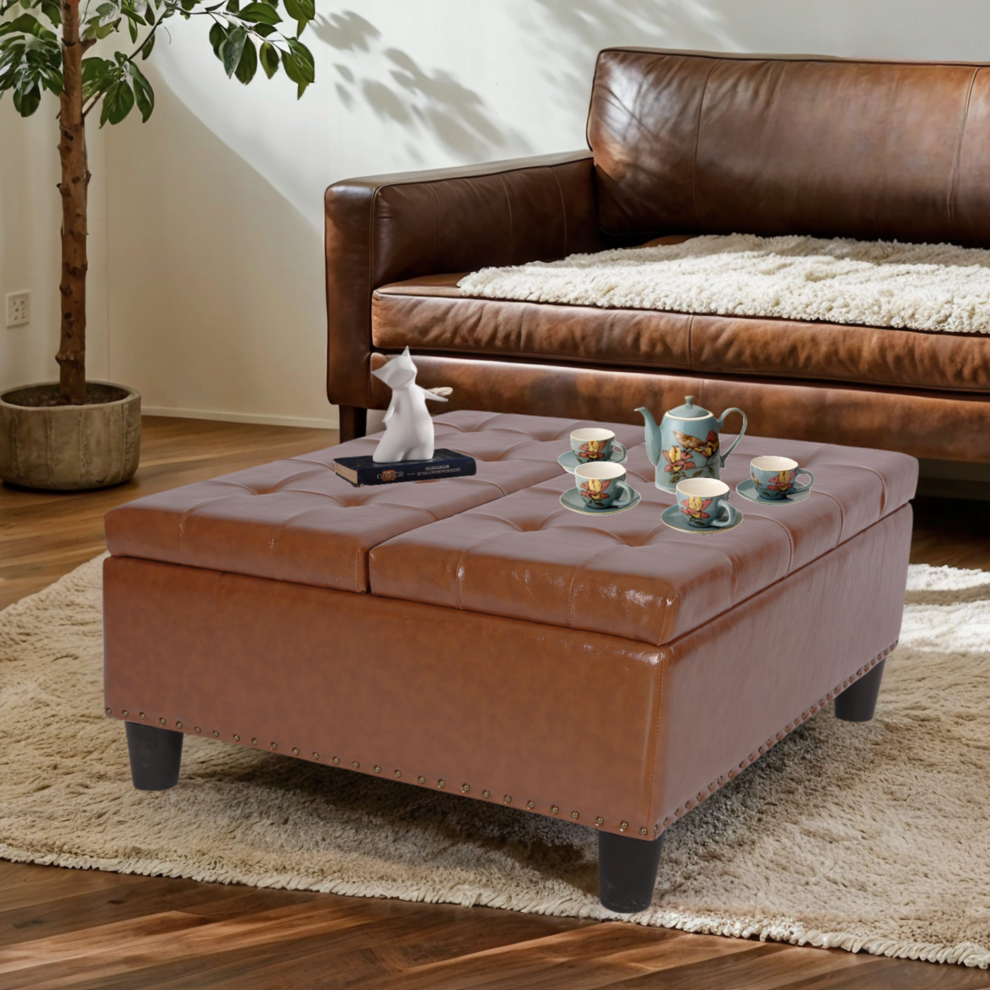 Lark Manor™ 35" Wide PU Leather Button Tufted Square Bench Coffee Table Upholstered Lift-Top ...